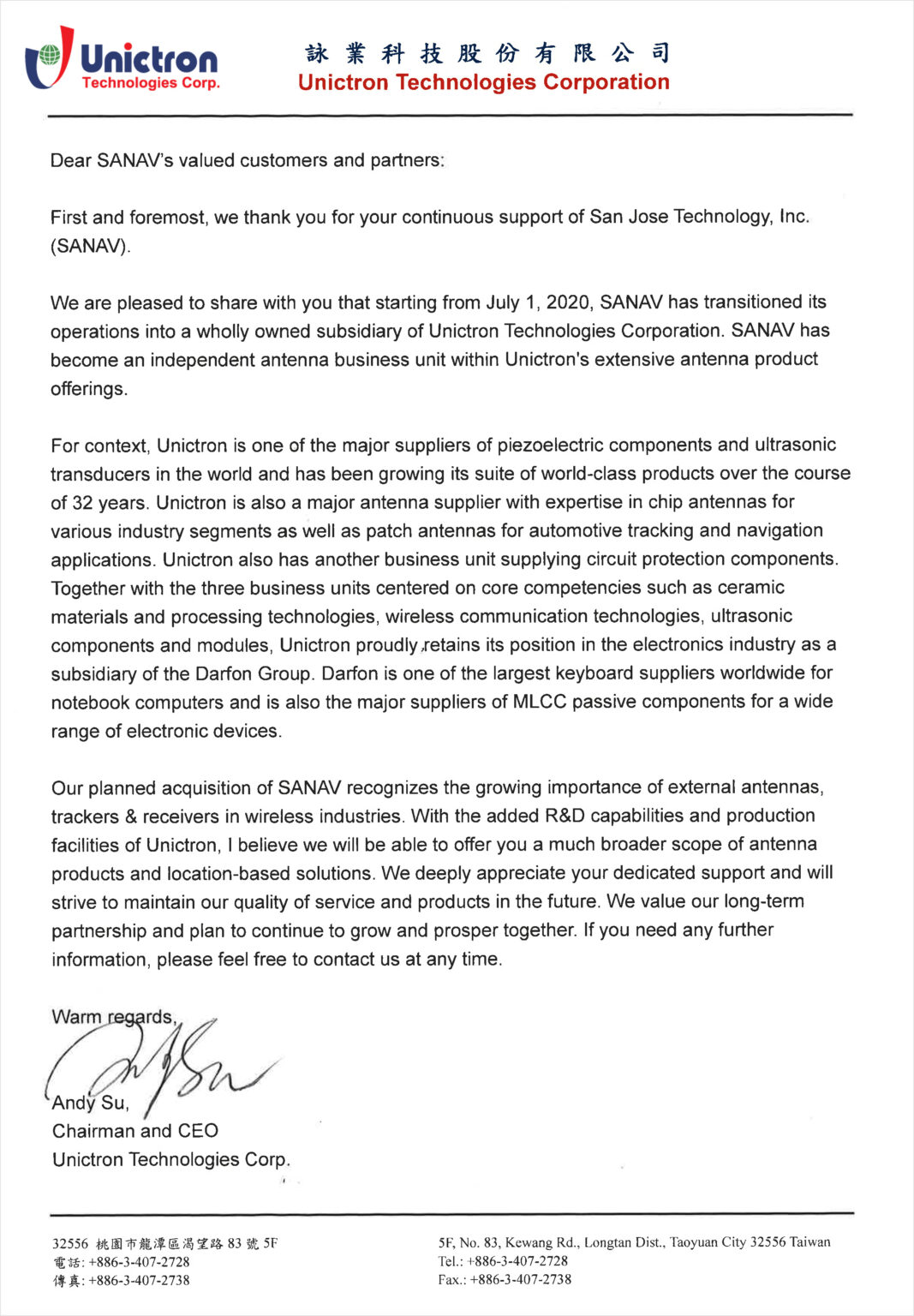 SANAV acquired by Unictron - Unictron